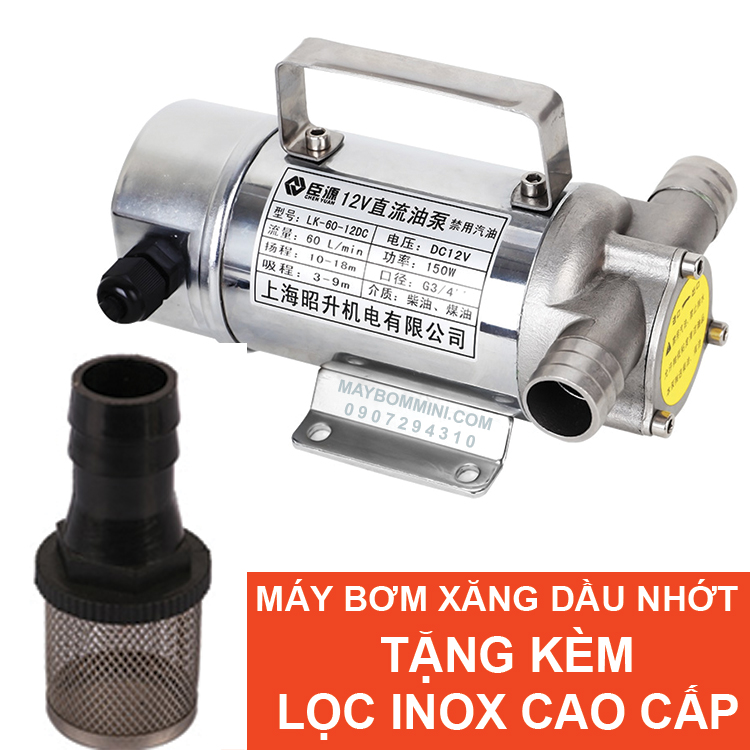 Máy bơm xăng dầu nhớt 12V 150W 60L inox đảo chiều