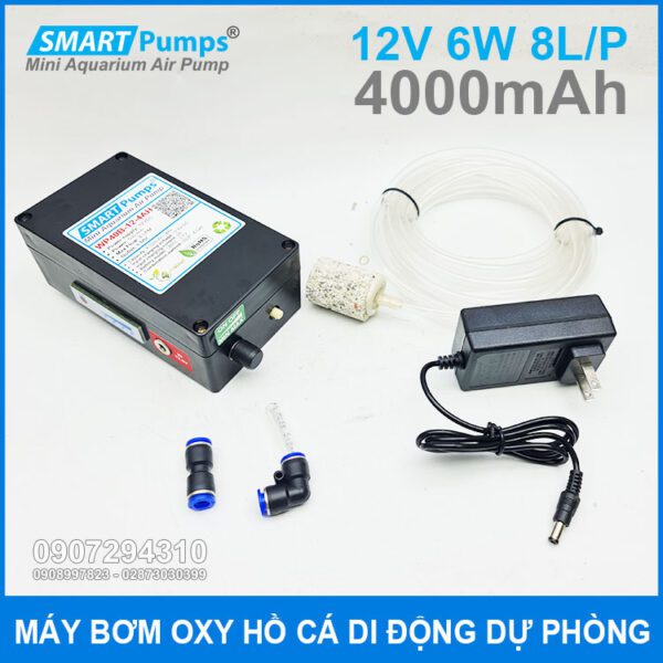 Máy bơm oxy mini dự phòng di động 12V 6W 8L 4Ah Smartpumps