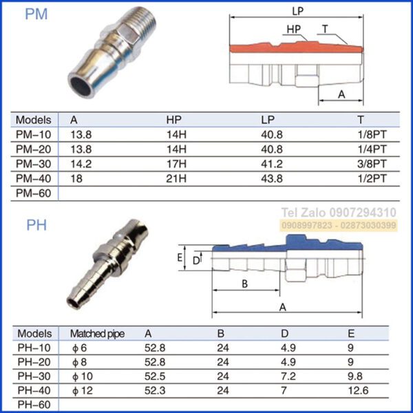 Đầu nối nhanh khí nén - đuôi đực ống 8mm PP-20