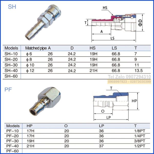 Đầu nối nhanh khí nén - đuôi đực ống 8mm PP-20